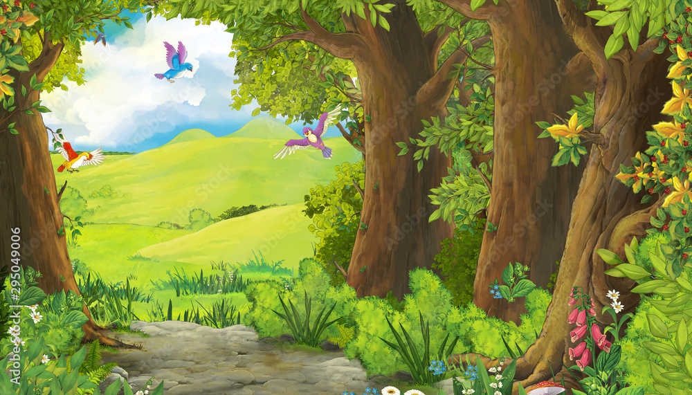 cartoon summer scene with meadow in the forest with birds flying ...
