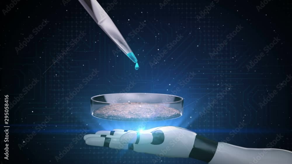 Spread the robot arm, young plant with root above petri dish with soil ...