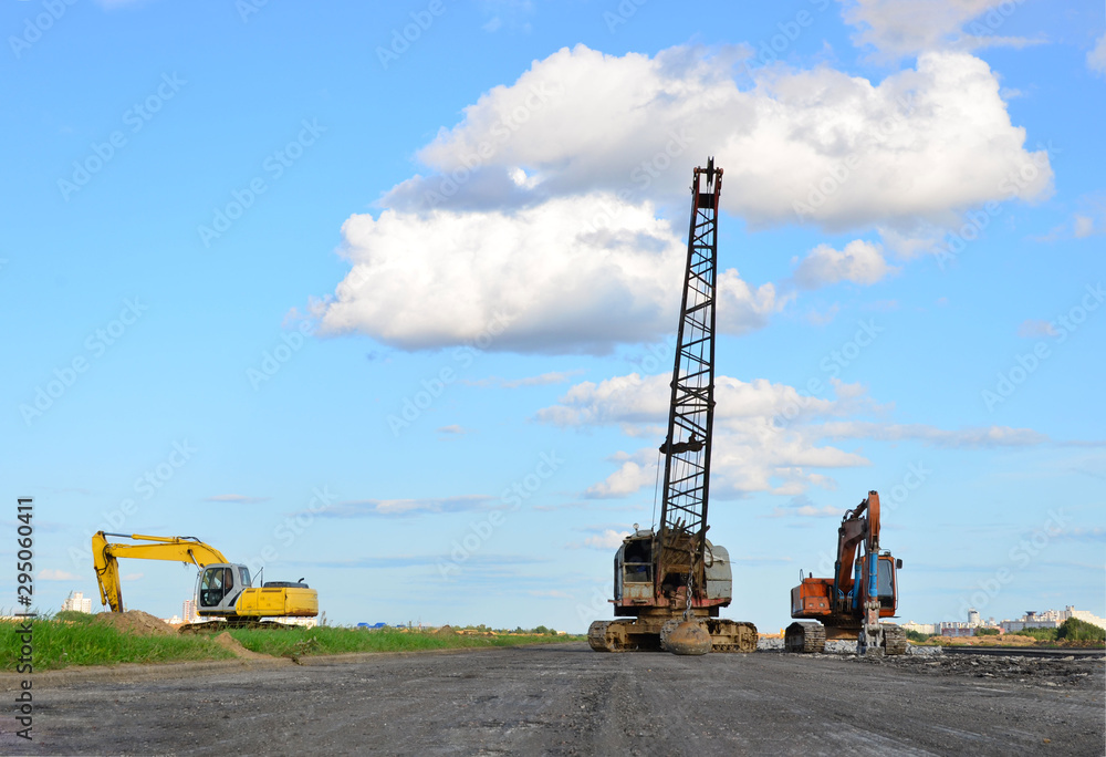 Large crawler crane or dragline excavator with a heavy metal wrecking ...