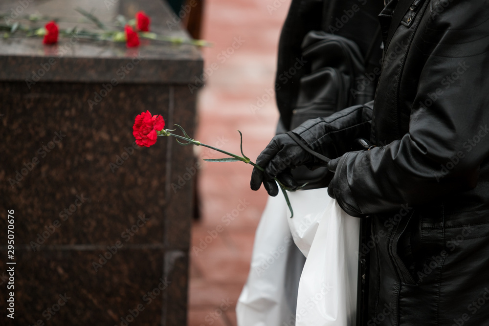 Red roses and carnation symbol of mourning - laying flowers to the ...