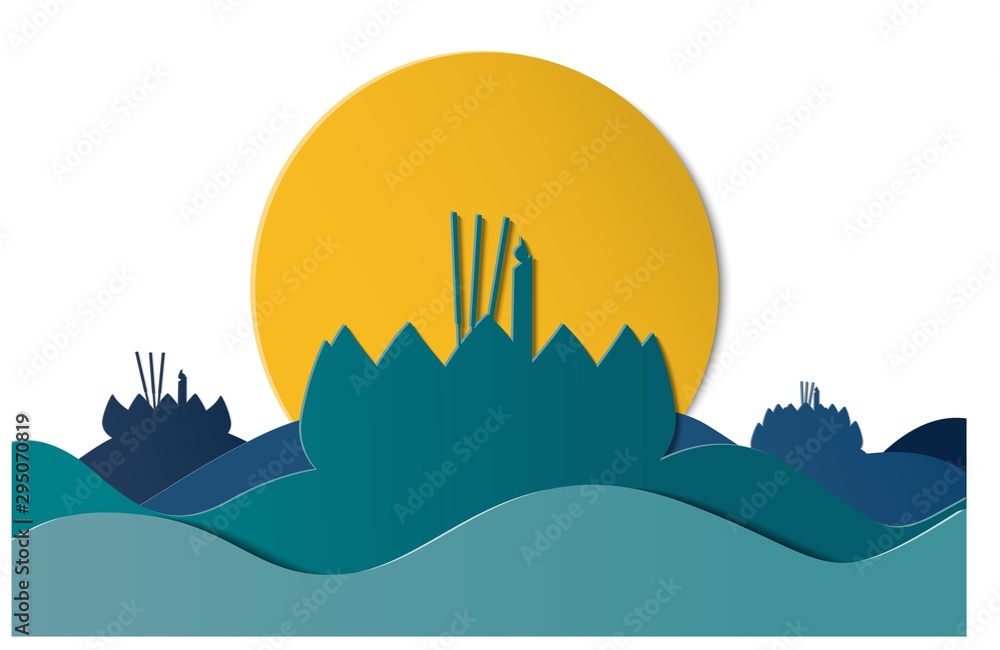 Paper style of Loy Krathong festival in Thailand on white background ...