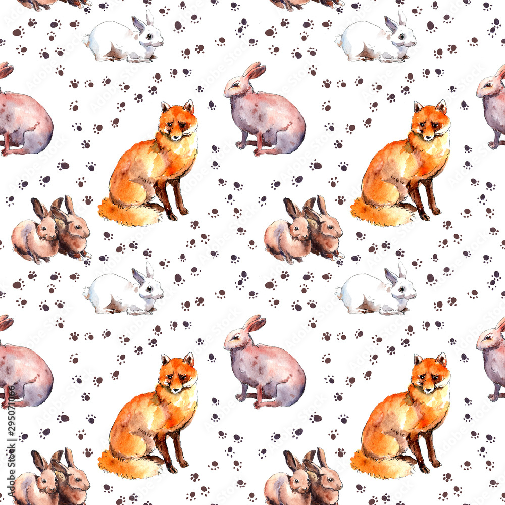 Fox and rabbits. Wild animal wallpaper with footprint. Repeating ...