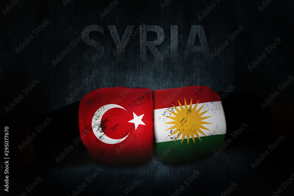 Political relationships. Turkish and Kurdish Flag on boxing gloves ...