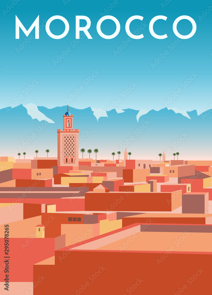 Morocco travel retro poster, vintage banner. Panorama of Marrakech city ...
