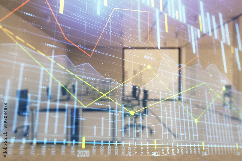 Stock market chart with trading desk bank office interior on background ...