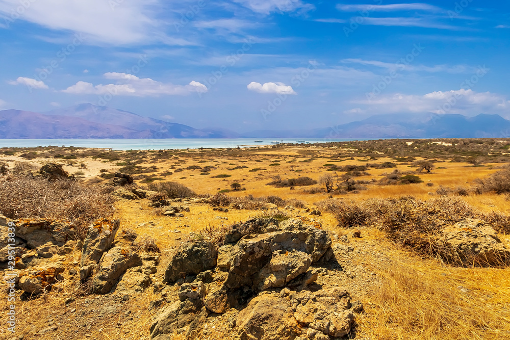 picturesque rocks in savannah with beautiful golden gtass on a coast ...