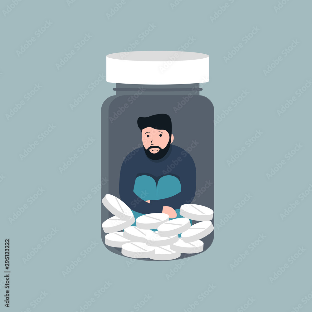 Sick drunk man in depression drowning in medications. Concept flat ...