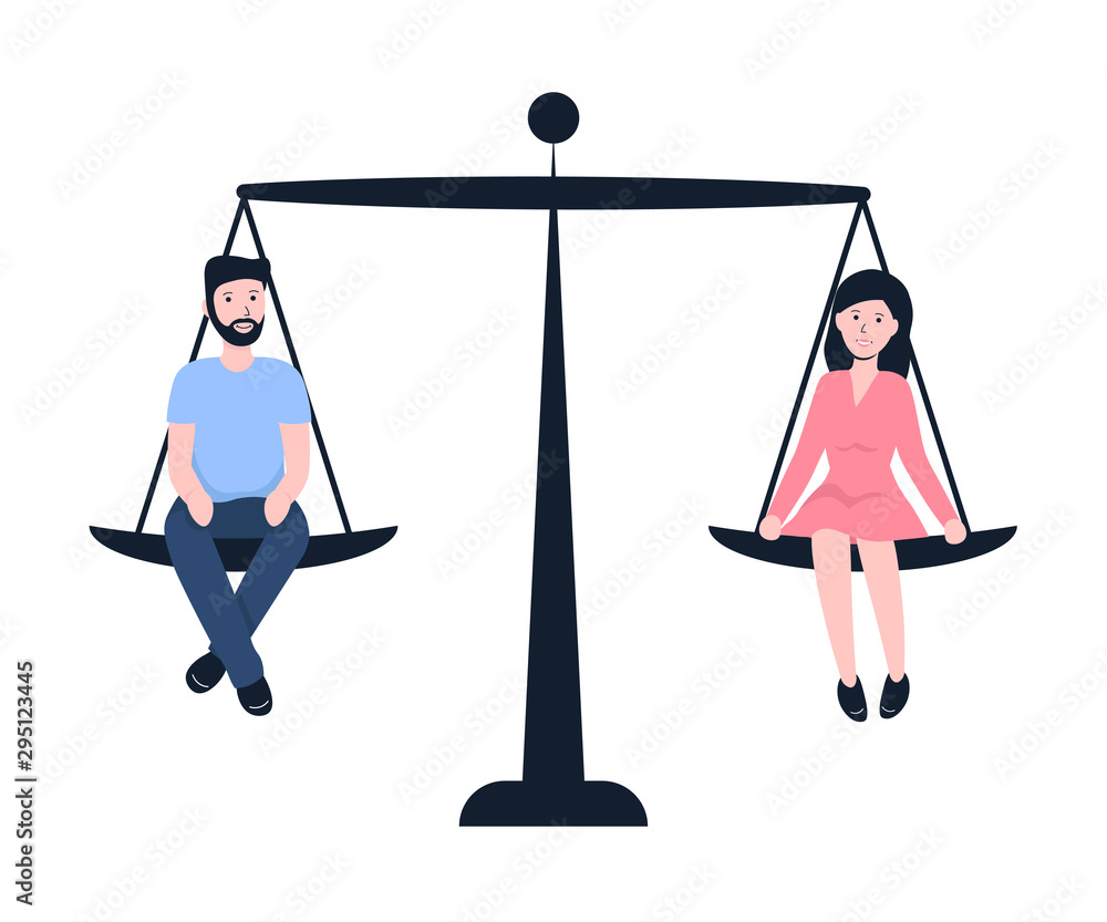 Man And Woman Sitting On Weighing Dishes Of Balance Scale Equality