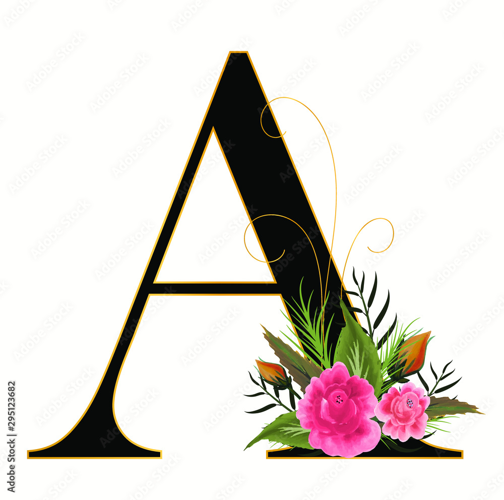 Alphabet with flowers, letter A with watercolor flowers and leaves hand ...
