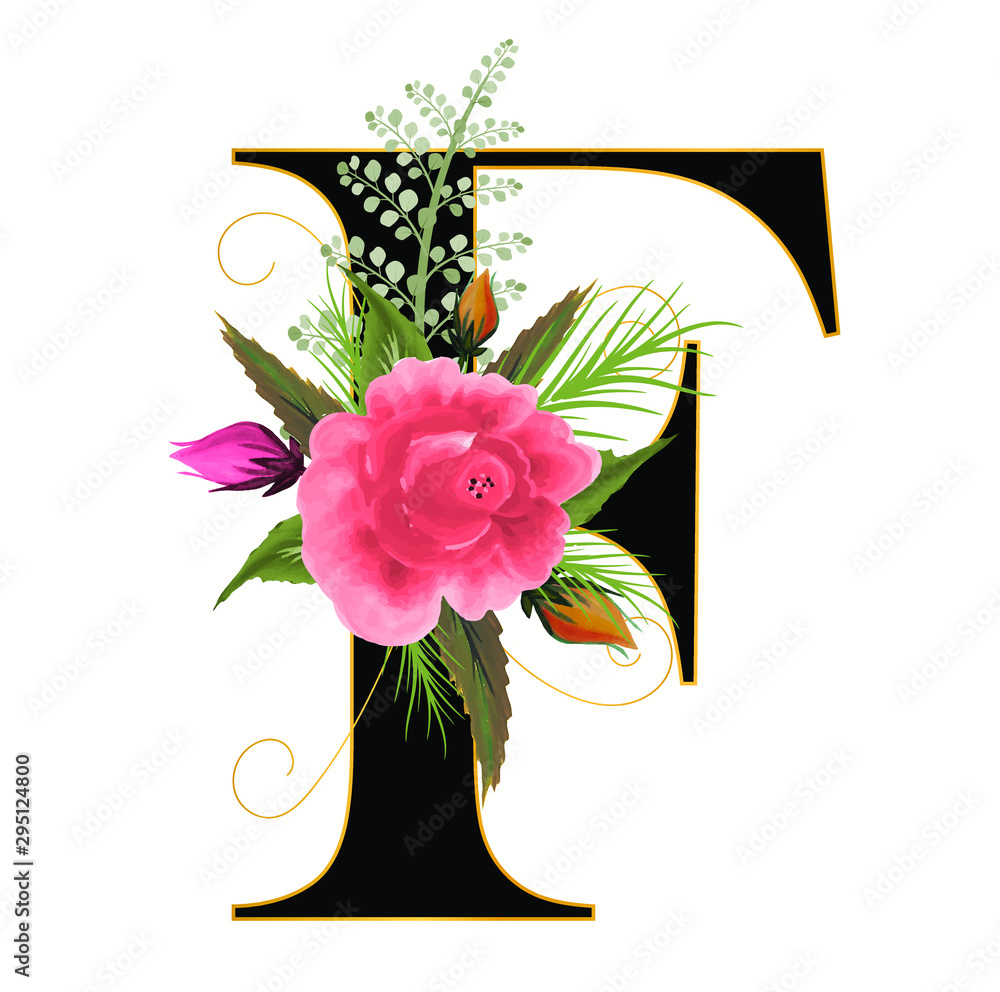 Alphabet with flowers, letter F with watercolor flowers and leaves hand ...