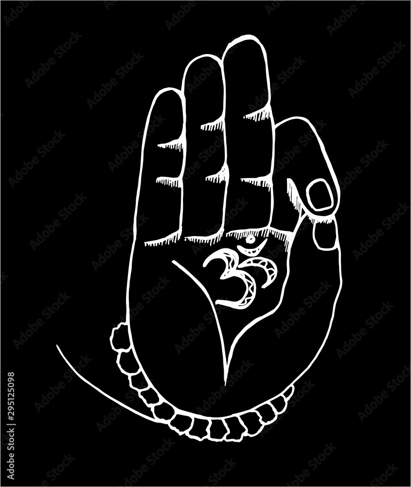 The arm of the shiva with ohm. Black and white illustration of hands ...