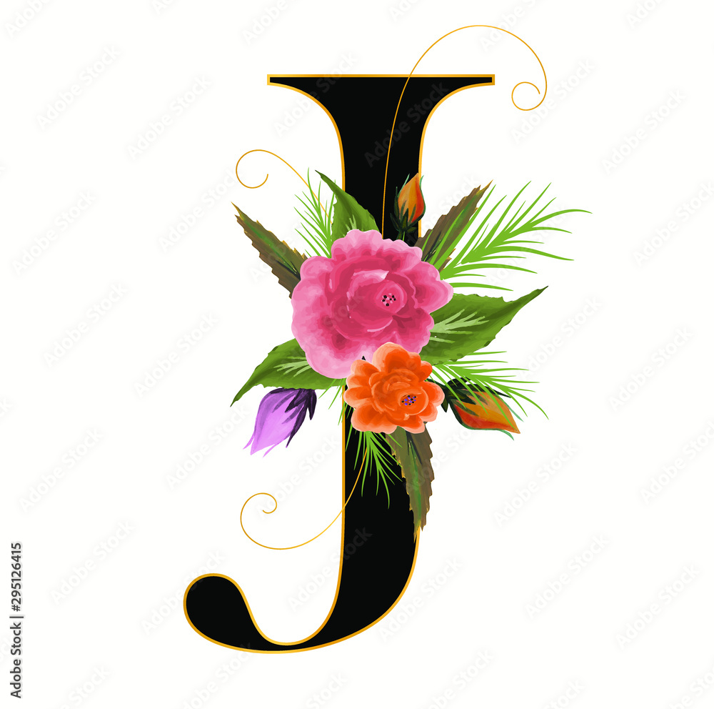 Alphabet with flowers , letter J with watercolor flowers and leaves ...