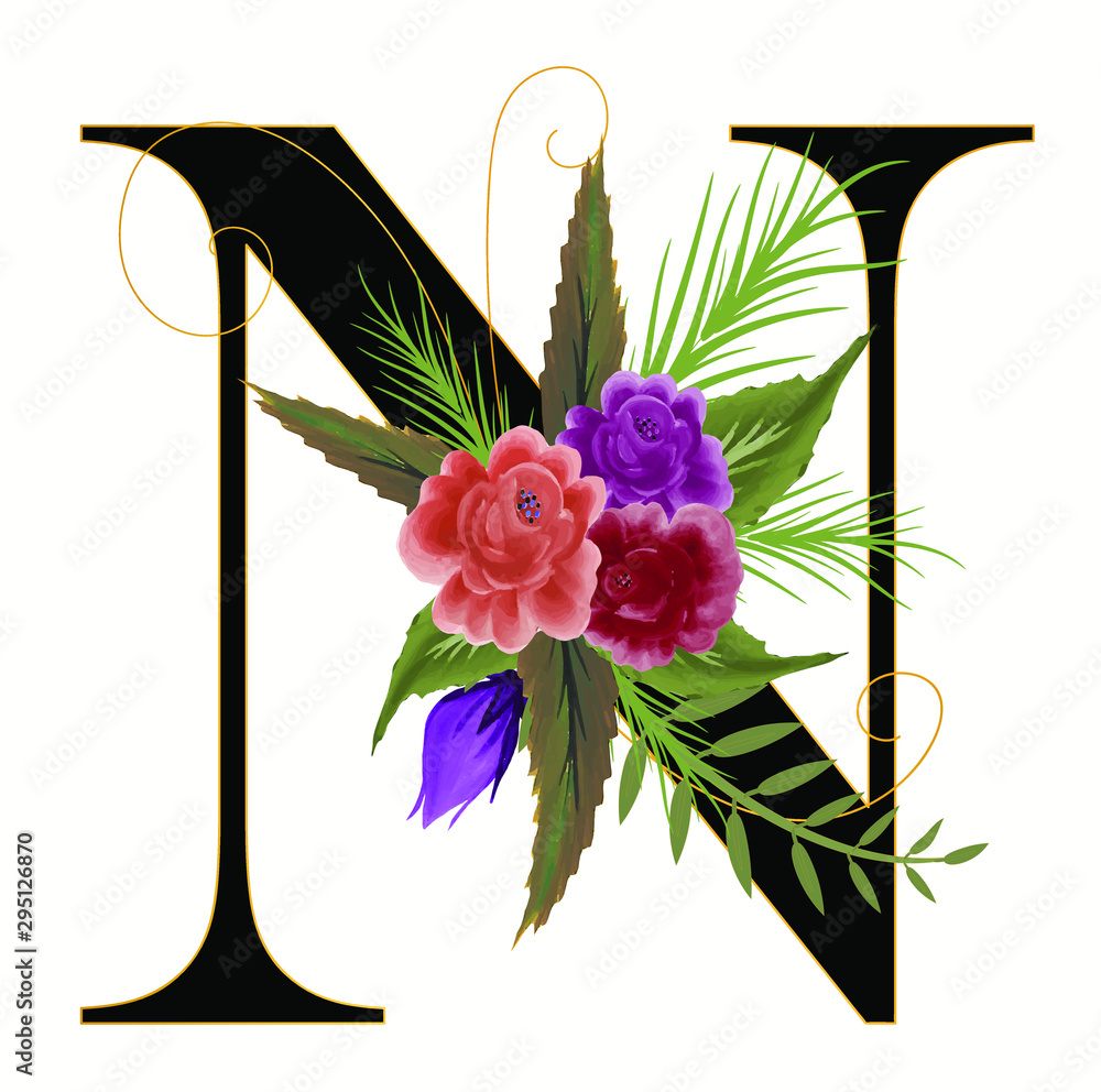 Alphabet with flowers, letter N with watercolor flowers and leaves hand ...