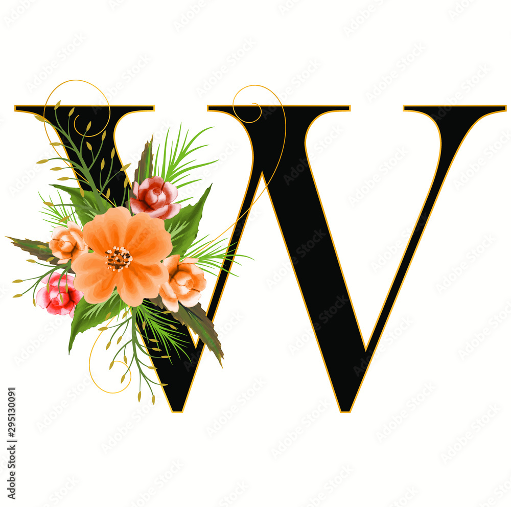 Alphabet with flowers, letter W with watercolor flowers and leaves hand ...