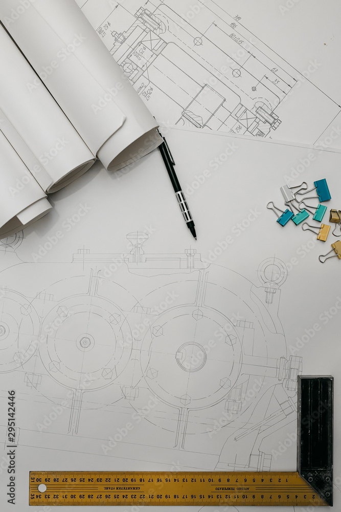 Engineering drawings, protractor, notebook, term paper or diploma ...