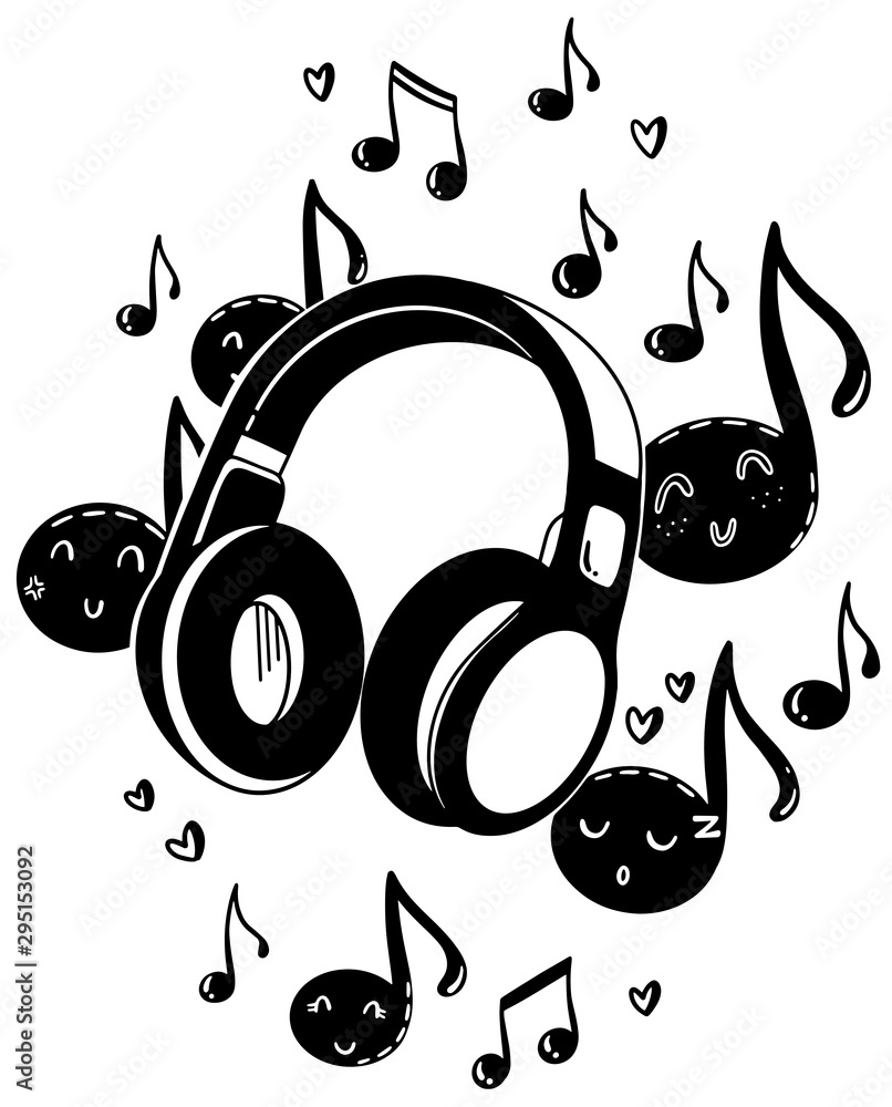 Black and white vector illustration. Music, notes and headphones. Cute ...