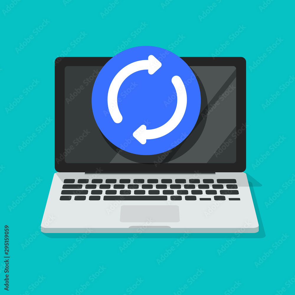 Computer updating or upgrading process vector icon, flat cartoon laptop ...