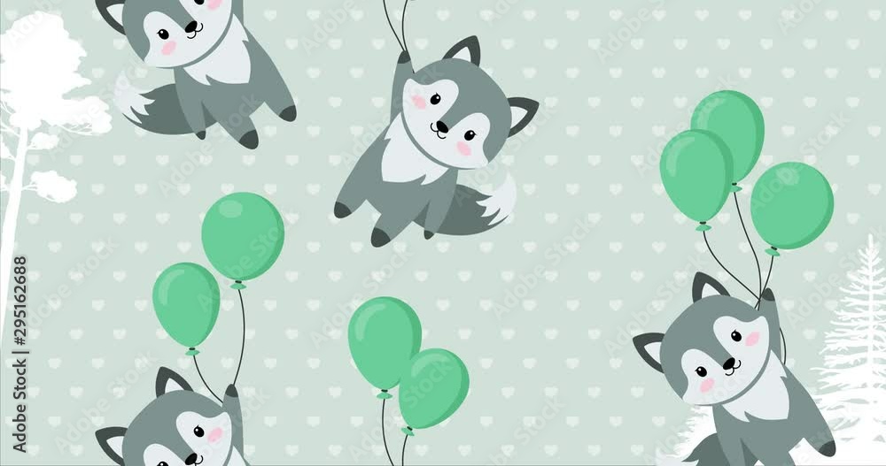 Cute baby wolf flying in the sky between colorful balloons, animation ...