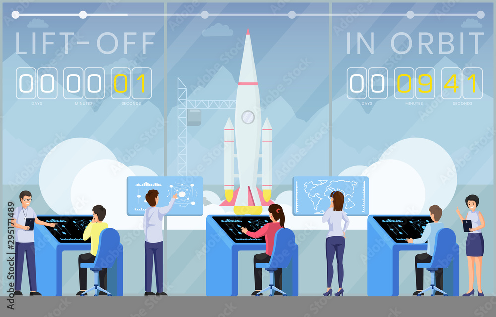 Spaceship launch countdown flat vector illustration. Ground control ...