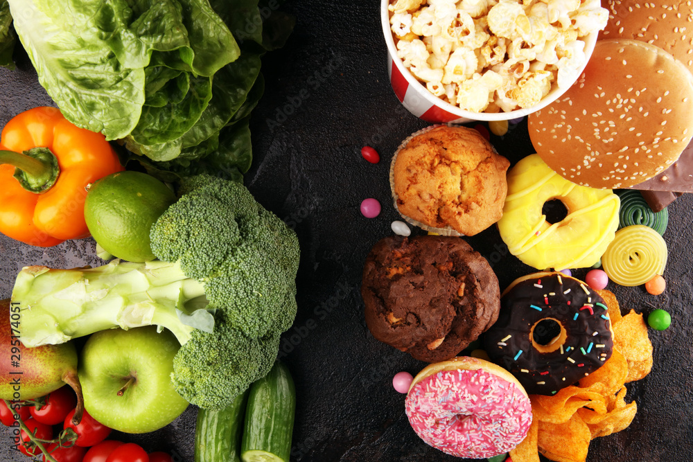 healthy or unhealthy food. Concept photo of healthy and unhealthy food ...