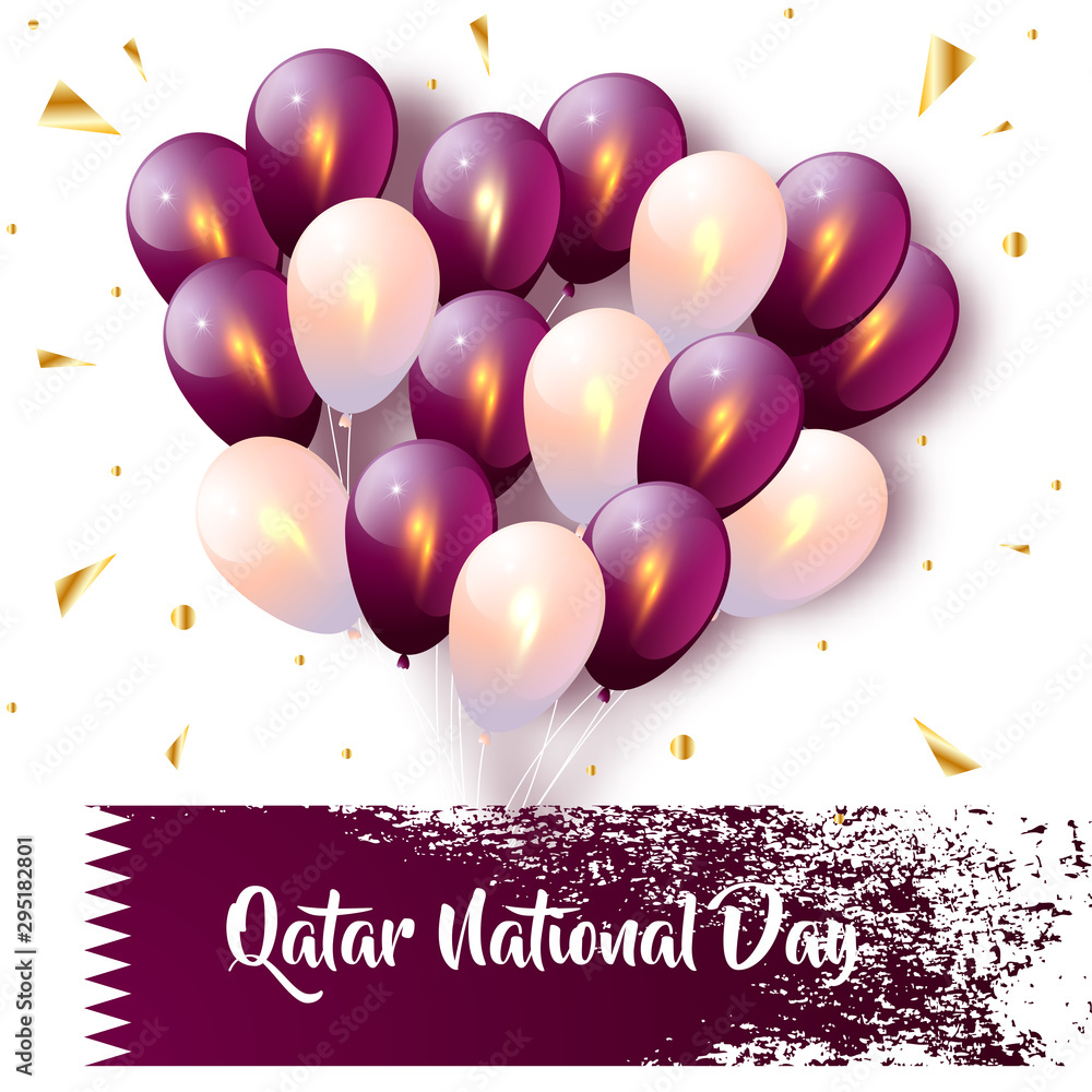 Happy Qatar National Day. Greeting card with balloons and confetti ...