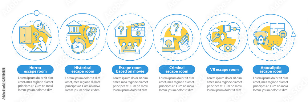 Escape rooms vector infographic template. Quest game categories ...