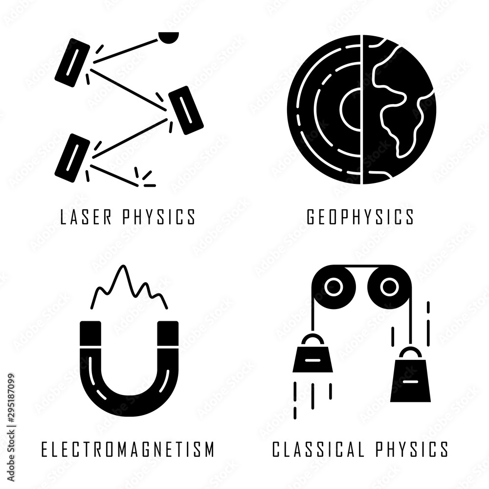 Physics branches glyph icons set. Laser and classical physics ...