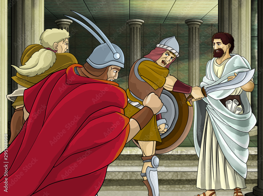 cartoon scene with roman or greek warrior ancient character near some ...