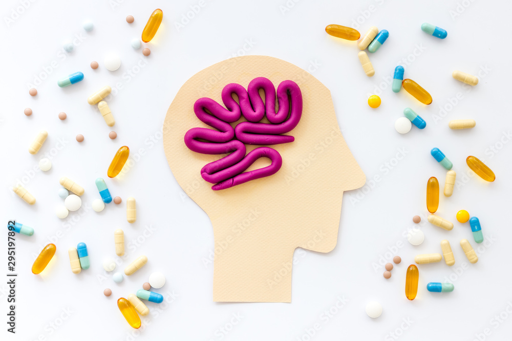 Treat brain diseases. Head with plastiline meanders and pills on white ...