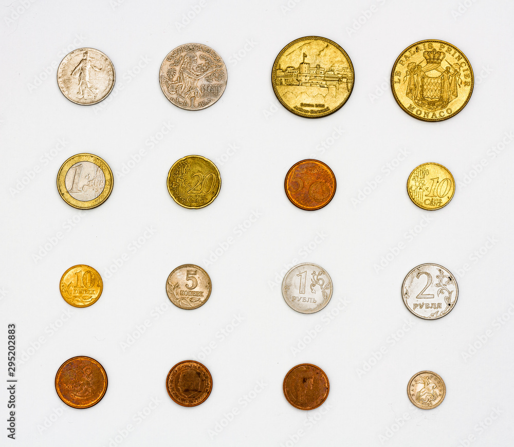 Set of worn coins of different values and materials, pewter and copper ...