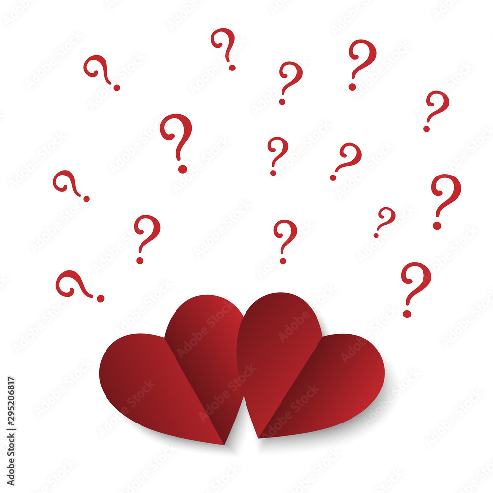 Red paper hearts with Question mark isolated on white background. What ...
