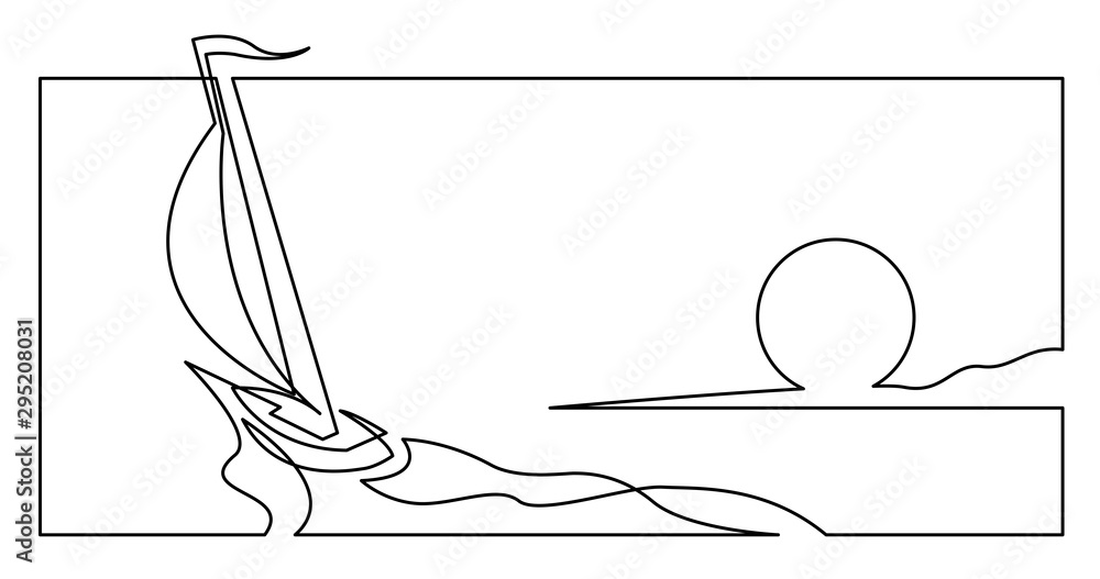 continuous line drawing of yacht sailing fast on sea during sunset ...