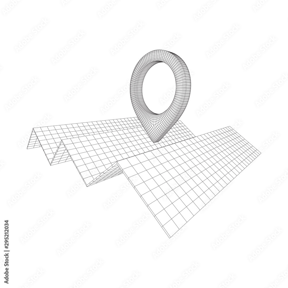 Geo map pin with folding map. Place symbol GPS pictogram. Wireframe low ...