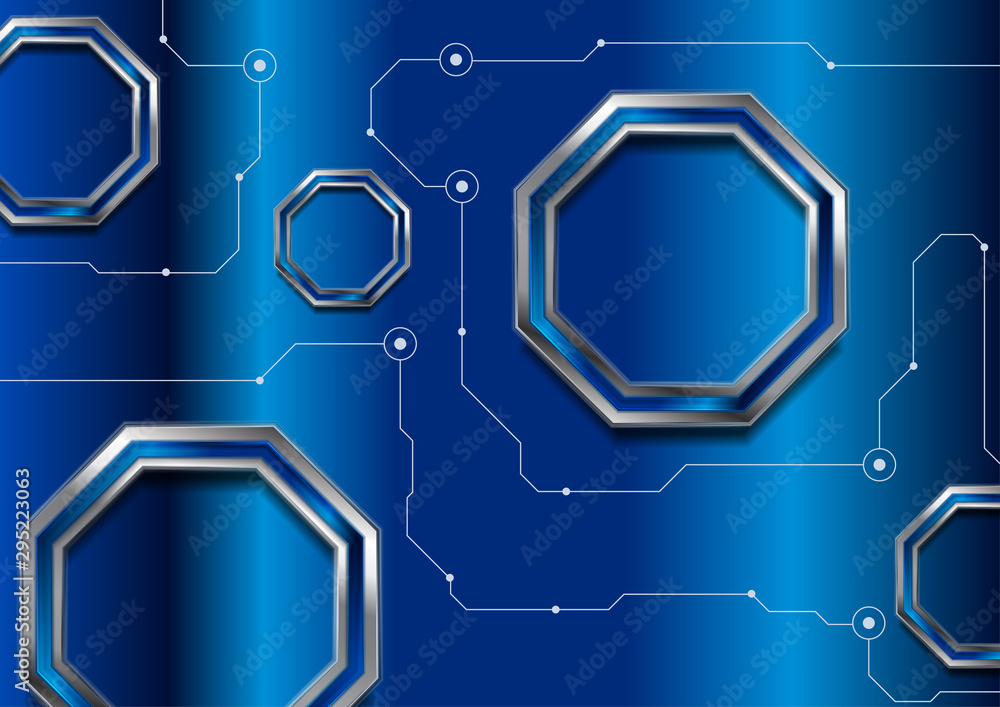 Blue abstract technology background with glossy octagons and circuit board lines. Vector ...