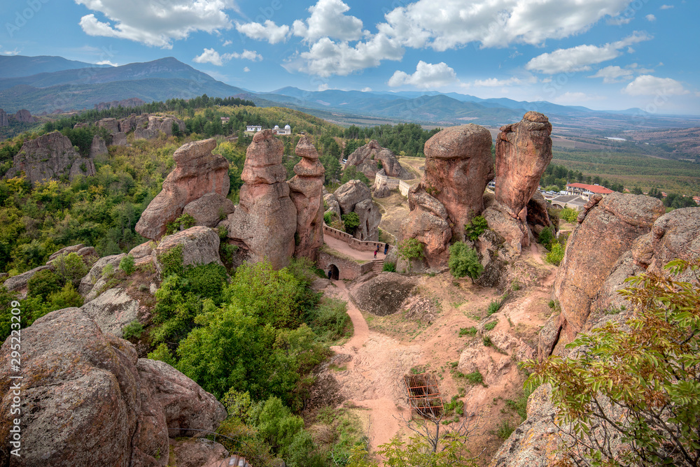 Beautiful landscape with bizarre rock formations. Stone stairs leading ...