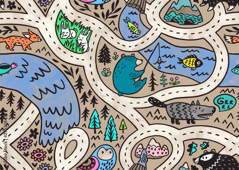 Seamless pattern of forest landscape map with roads, animals, river and ...