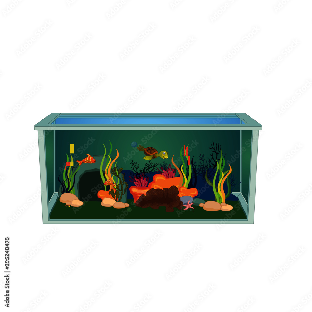 Fish Tank with Baby Turtle and Coral - Cartoon Vector Image Stock ...