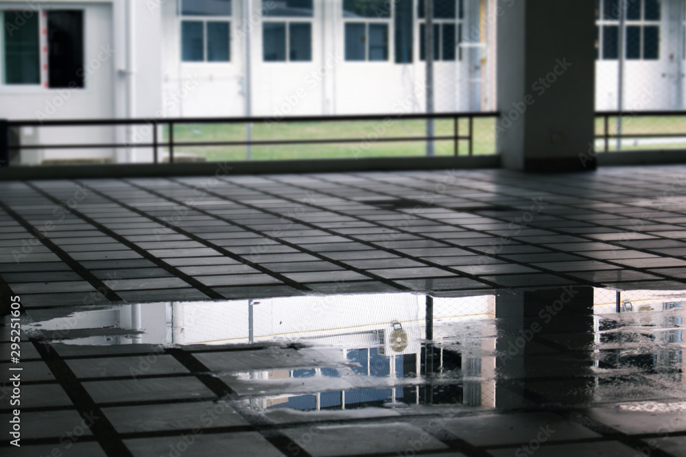 Close-up of spilled water leak on the floor of building. Wet floor from ...
