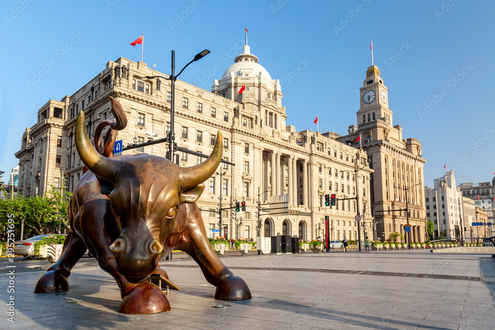 Shanghai, China - May, 2019: Bronze bull on The Bund in Shanghai, Iron ...