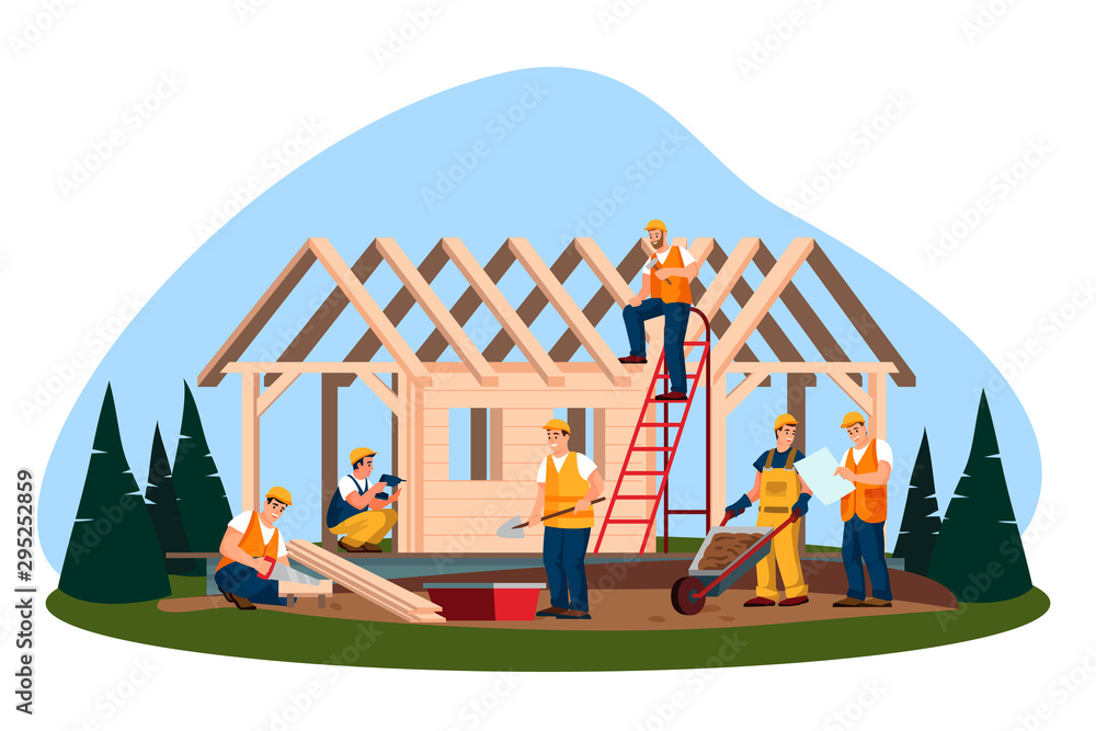 Wooden eco house construction. Vector flat illustration. Workers and builders building house or ...