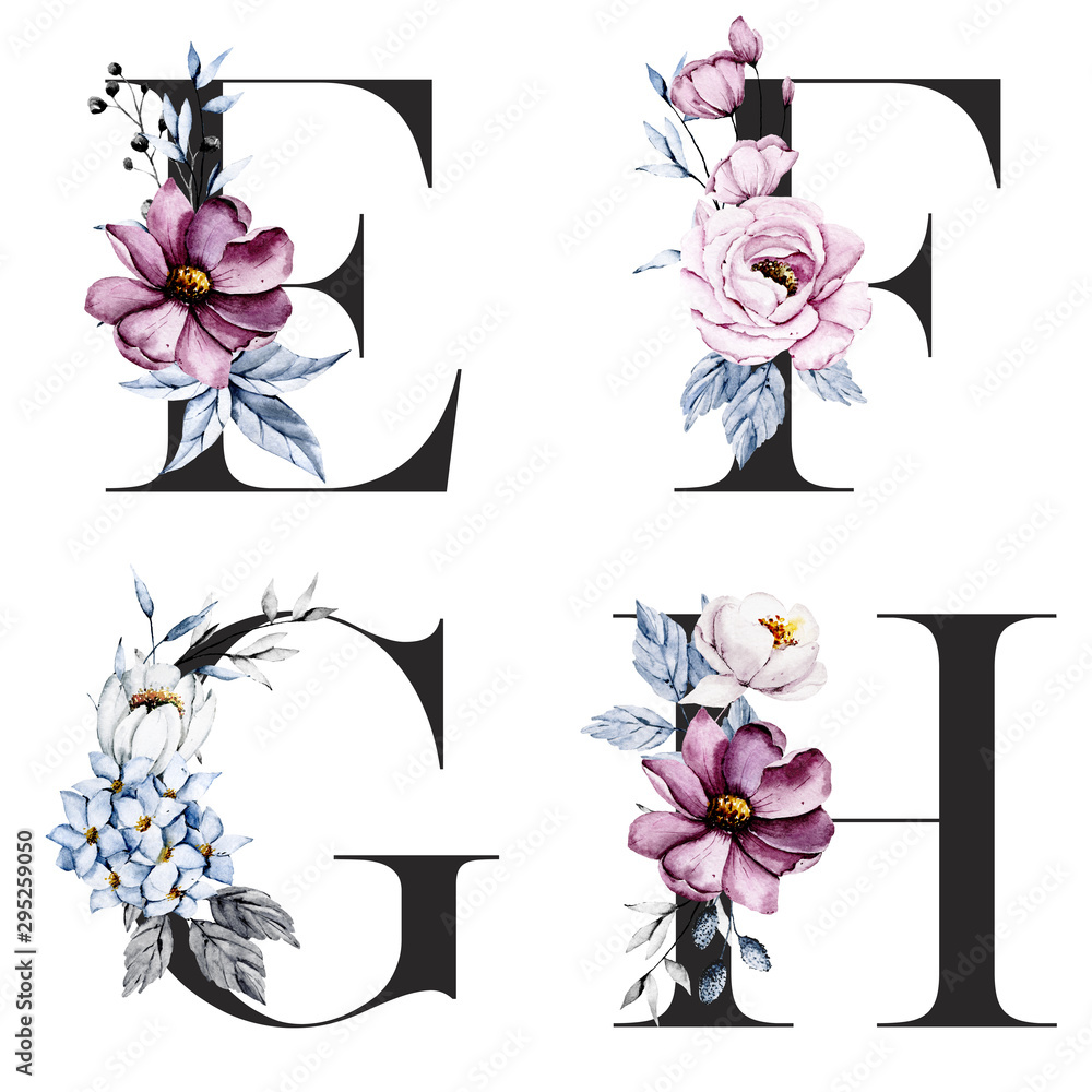 Floral alphabet, letters set with watercolor flowers and leaf. Monogram ...