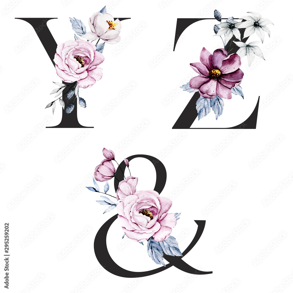 Floral alphabet, letters set with watercolor flowers and leaf. Monogram ...