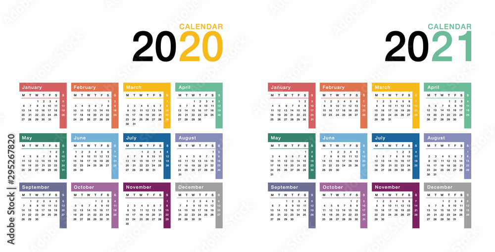 Year 2020 and Year 2021 calendar horizontal vector design template ...