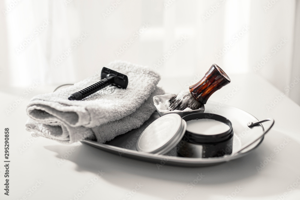 Shaving accessories on a clean background with morning light Stock ...