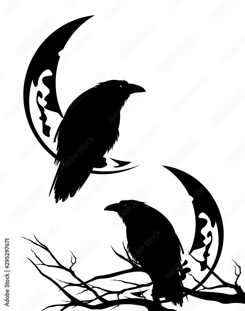 Vetor de raven bird sitting on a bare tree branch with crescent moon ...