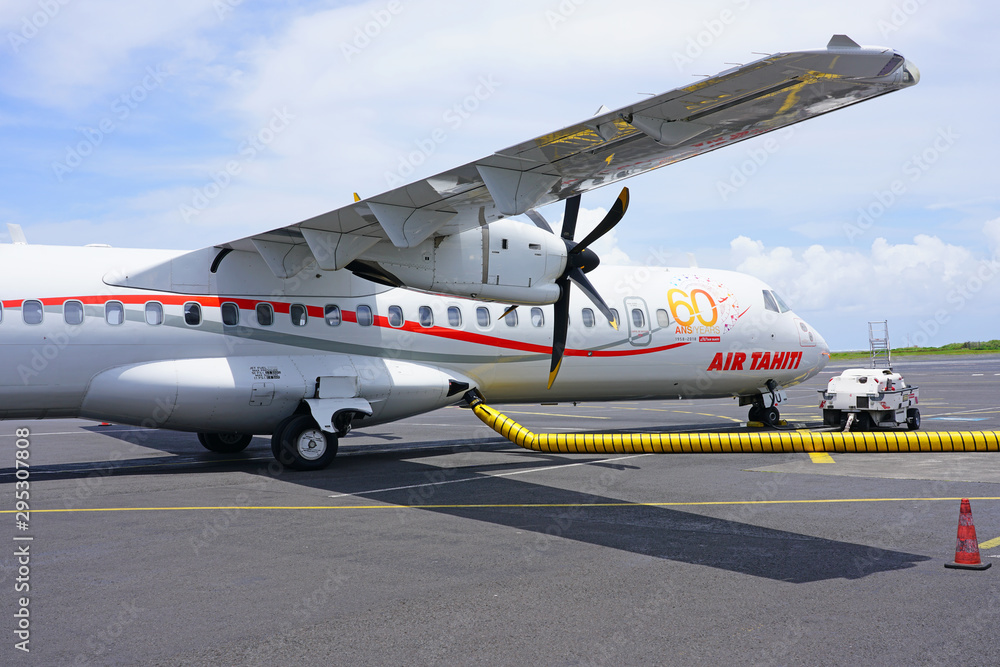 PAPEETE, TAHITI -10 DEC 2018- View of an ATR regional jet airplane from ...