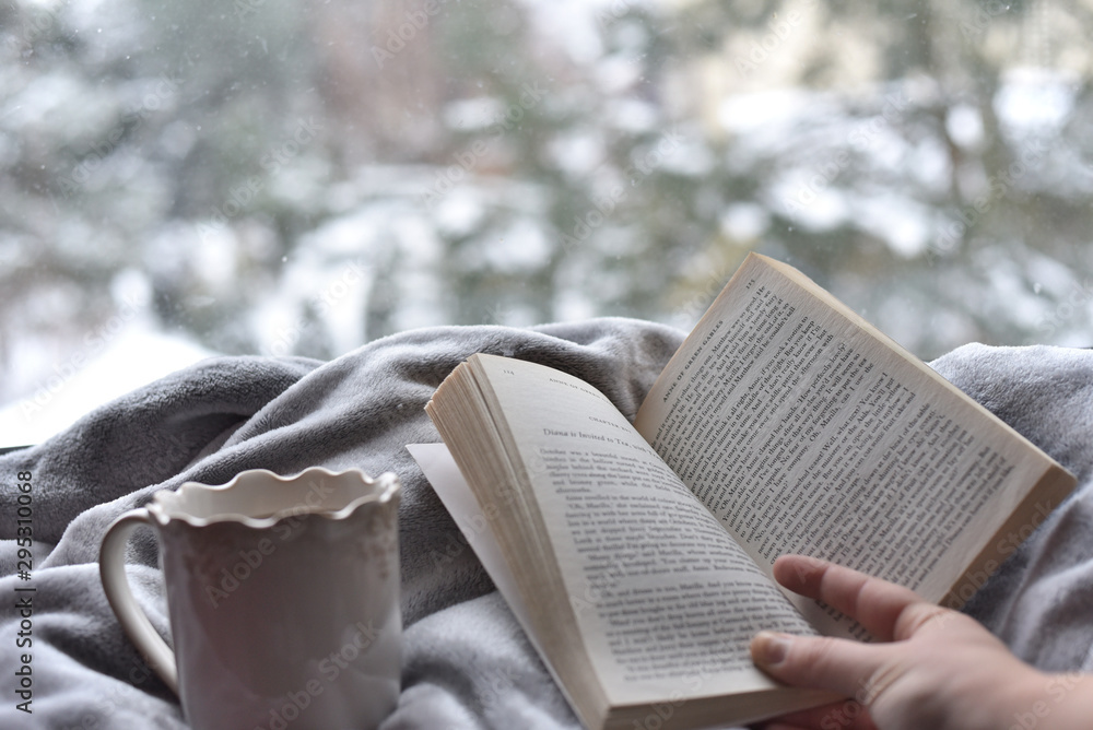Reading a book in winter, cup of hot tea on blanket with snowy view ...