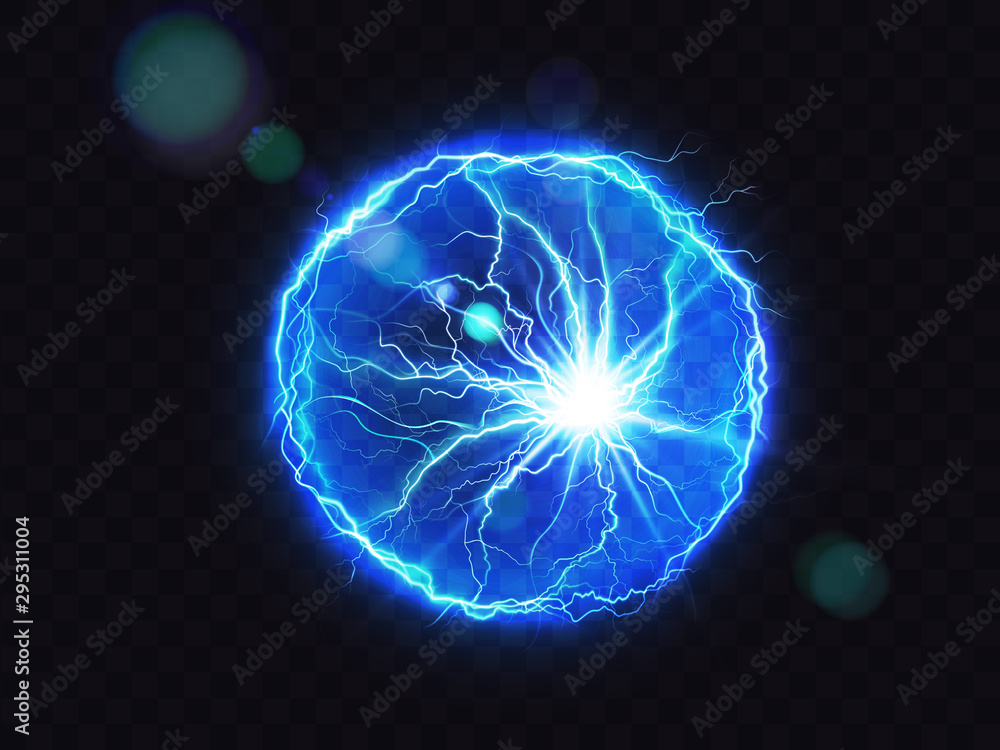 Electric ball, vector lightning circle strike impact place, plasma ...