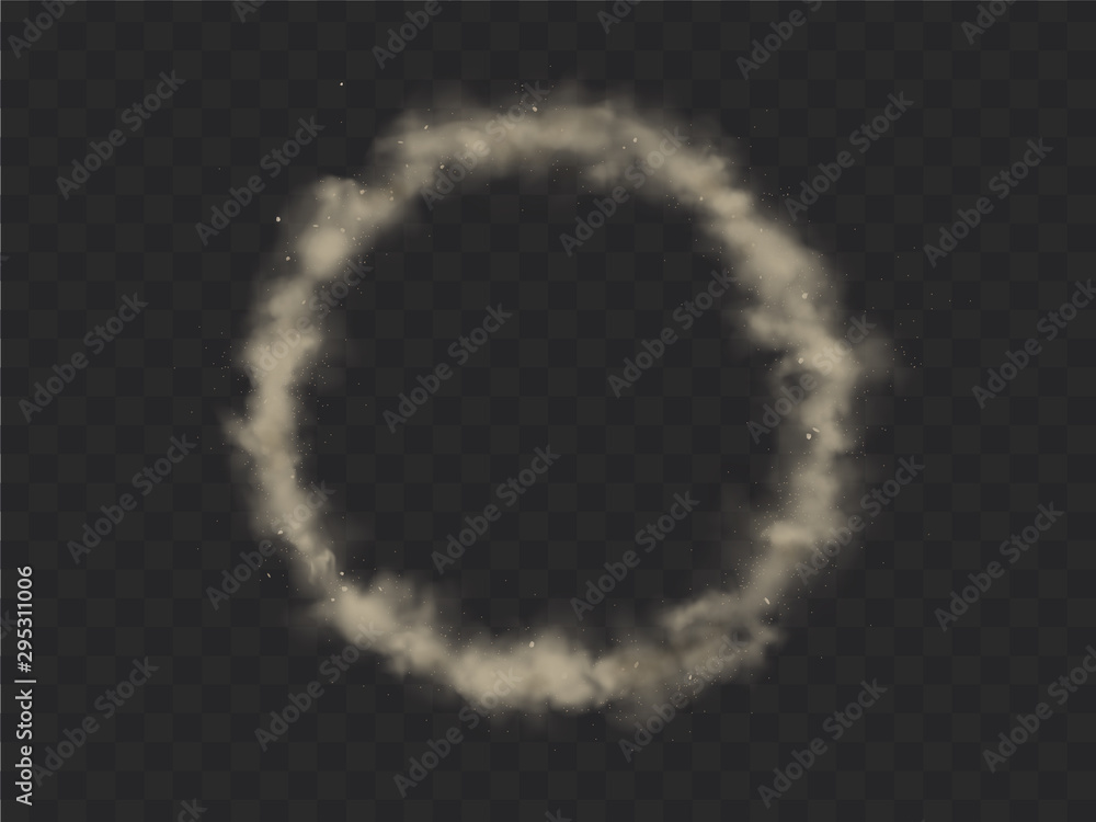 Smoke circle, round smog cloud, brown heavy dust steam with motes, sand ...