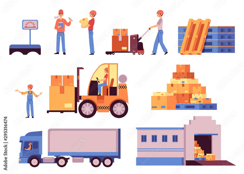 Warehouse elements - flat isolated cartoon set of storage facility ...